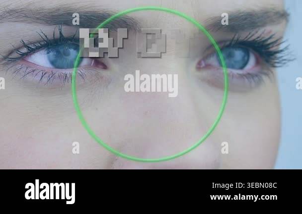 Animation of wow text over female eyes. Global science, connections ...