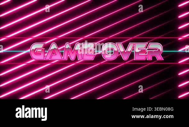 Animation of game over text in white letters over purple moving red ...