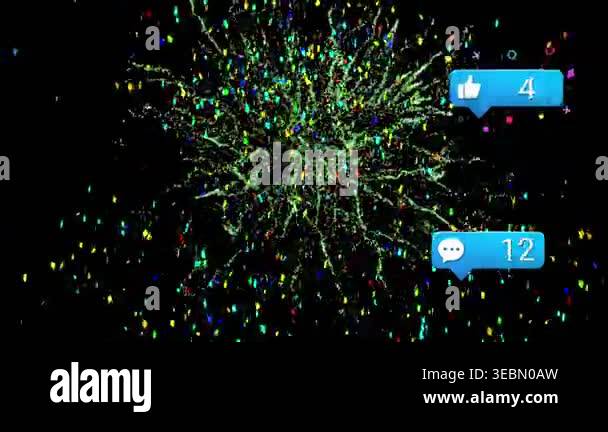 Animation of media icons and confetti on black background. Social media ...