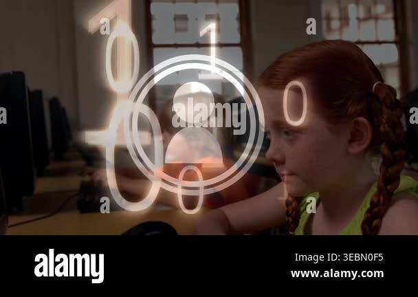 Animation of binary code over happy caucasian girl using computer ...
