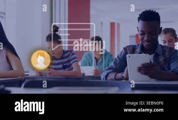 Chat appearing, student tapping tablet in classroom, responding, camera ...