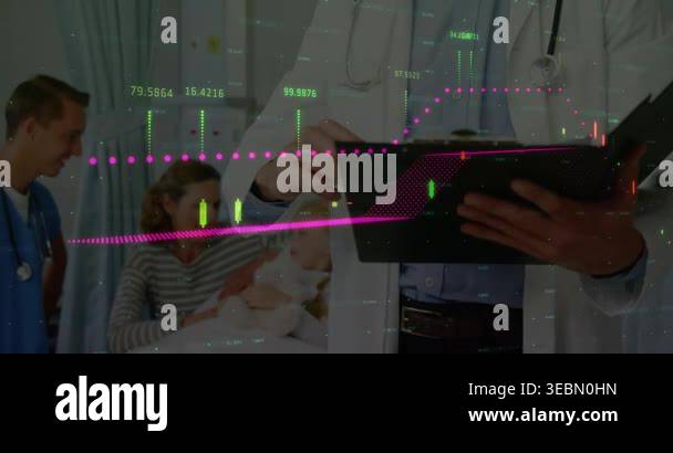 Animation of data processing over caucasian male doctor with patient ...