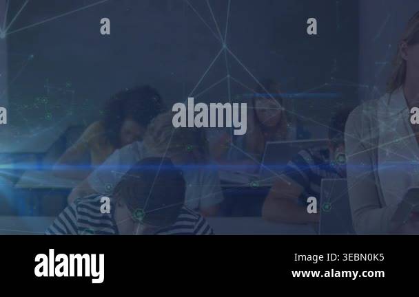Animation of data processing over caucasian teacher with diverse ...