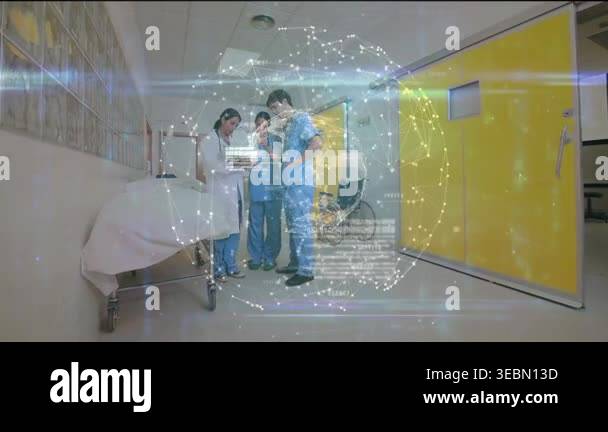 Animation of digital data interface over group of diverse doctors ...