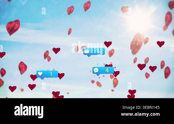 Animation of falling hearts icons falling and social media icons over ...