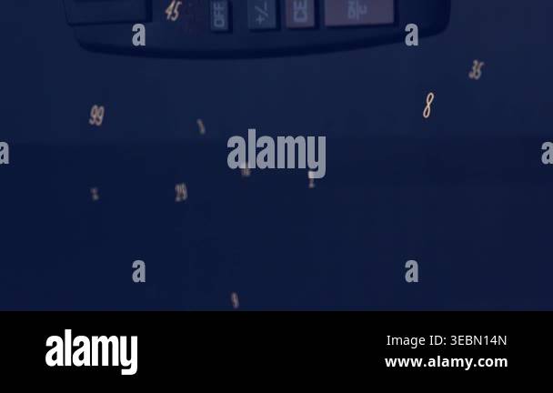 Animation of numbers floating over vintage calculator. Global finance ...