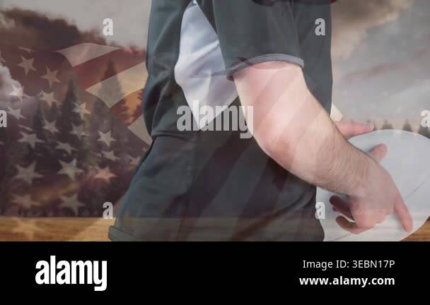 Animation of flag of usa and autumn leaves over caucasian man ...
