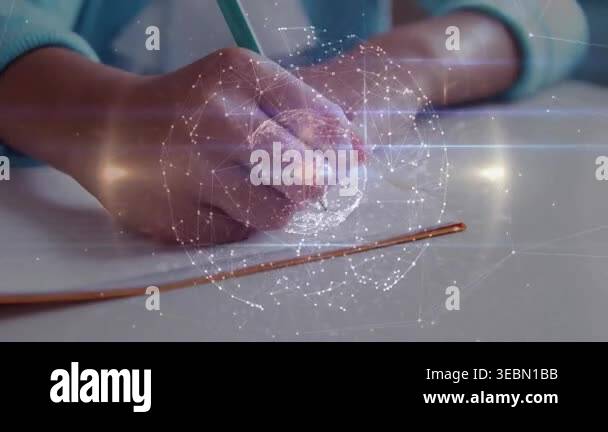 Hologram sphere appearing over knuckles hand holding green pencil ...