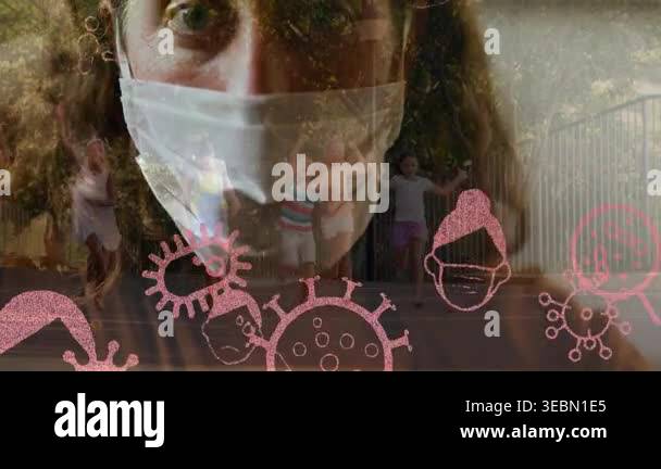 Covid-19 concept icons over caucasian woman wearing a face mask against ...