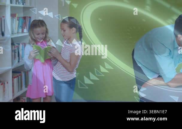 Girls flipping green book peer pointing boy tapping laptop tutor ...