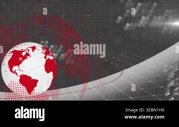 Animation of spinning globe and data processing against grey background ...