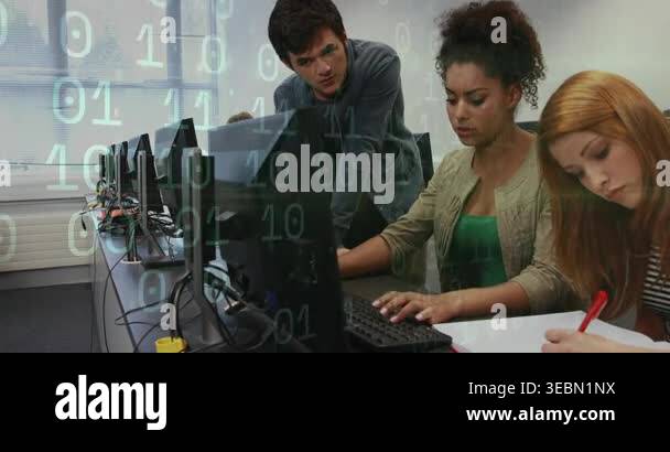 Man leaning over desk guiding user typing right user noting binary ...