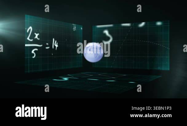 Animation of math formulas over globe and digital screens on black ...