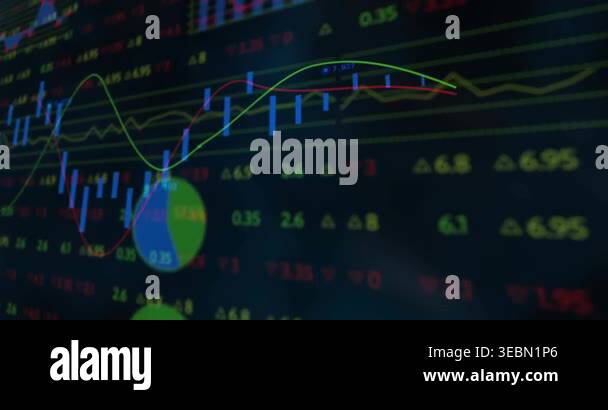 Animation of data processing, diagrams and stock market over black ...
