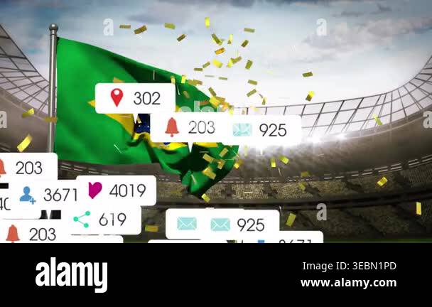 Animation of social media icons and confetti falling over waving brazil ...
