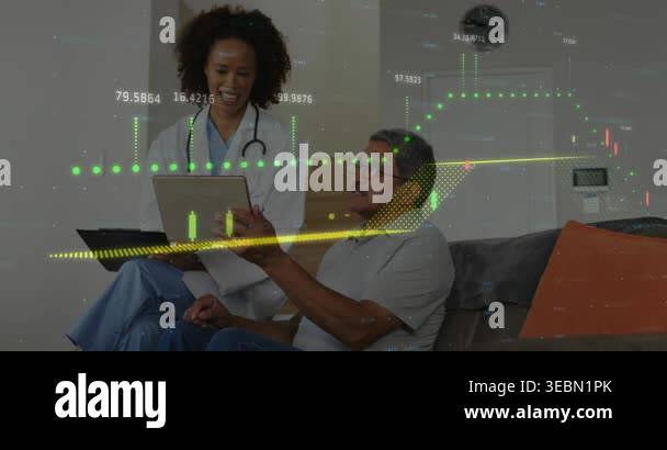 Animation of financial data processing over female doctor and patient ...