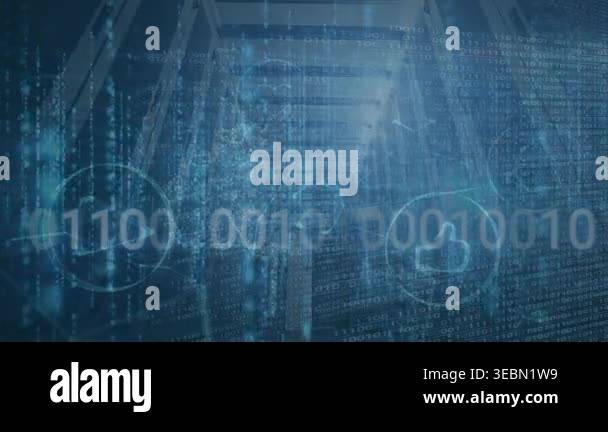 Animation of data, binary code and digital cloud on blue background ...