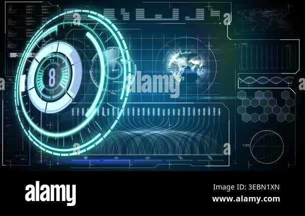 Animation of processing circle over screen with diverse data and globe ...