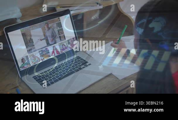 Child writing notes while viewing teacher teaching on laptop, overlay ...