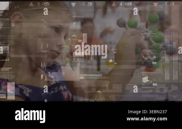 Animation of graphs and data over caucasian boy playing with molecule ...