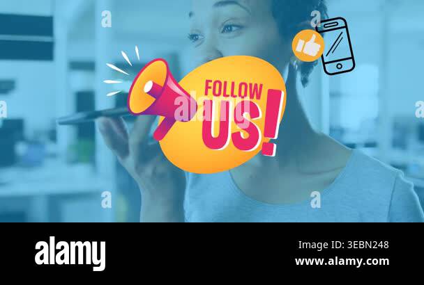 Animation of follow us and smartphones over woman in office having call ...
