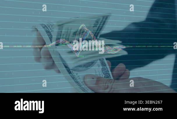 Counting money, financial graph animation over hands holding dollar ...