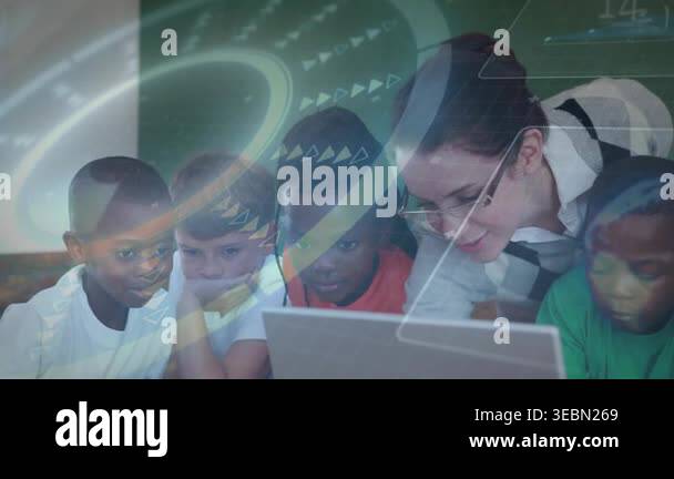 Teacher positioning laptop, guiding lesson, children focusing, animated ...