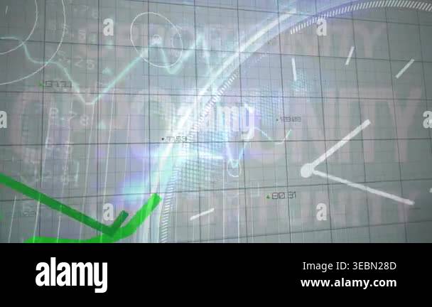 Animation of financial data processing with green lines over clock and ...