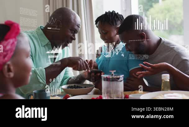Senior pointing at smartphone, child tapping, adult supporting, charts ...