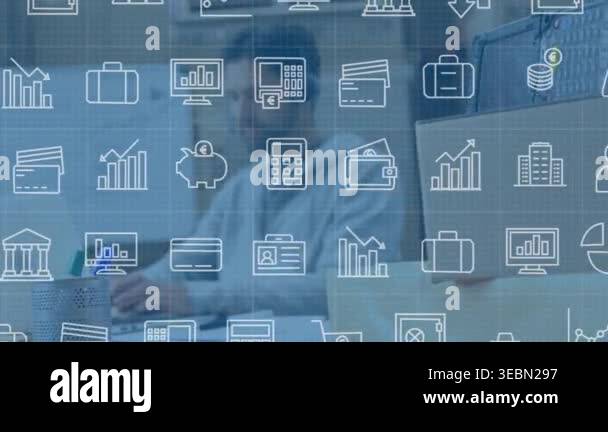Animation of data processing over icons light spots and icons. Global ...