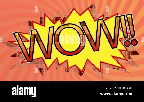 Animation of wow text in colourful letters on pink background. Comic ...
