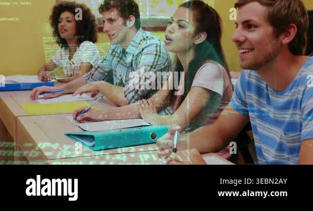 Four students taking notes in classroom, code overlay scrolling, third ...