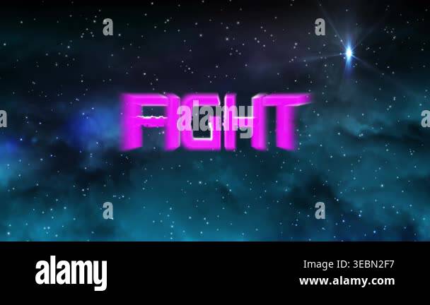 Pink fight text banner over shining stars against space background ...