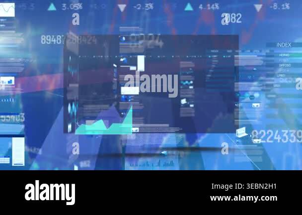 Animation of diverse data and graphs over blue space. Global finance ...