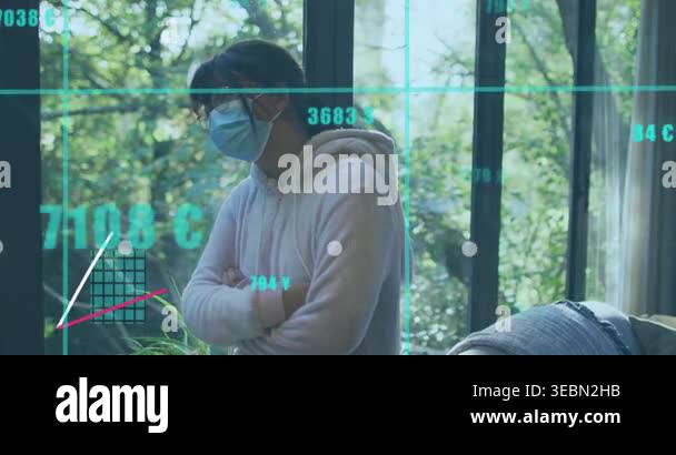 After grid appearing, girl by window watching teal finance charts ...
