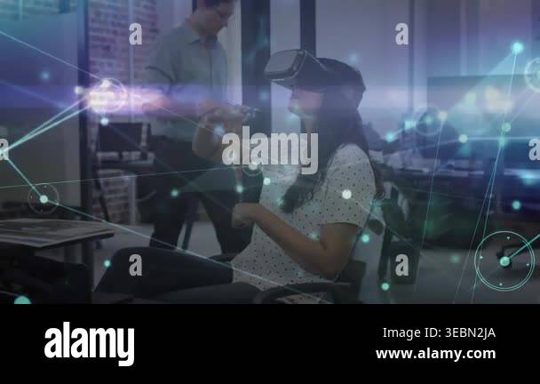 Animation of glowing network of connections over woman using vr headset ...