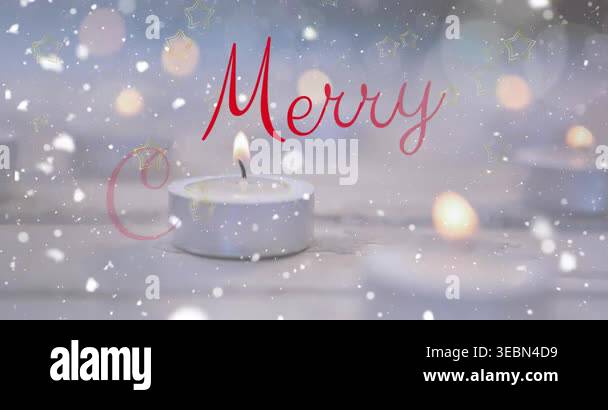 Animation of snow falling over merry christmas text banner against ...