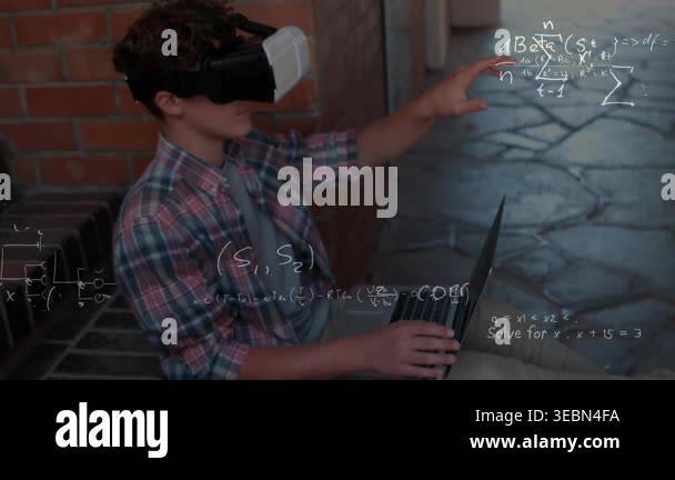 Animation of mathematical equations over schoolboy using vr headset ...