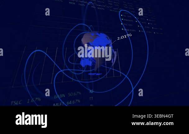 Animation of data processing and globe over diagrams and stock market ...