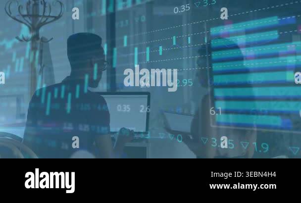 Data analyst reviewing data animating financial charts, woman tapping ...