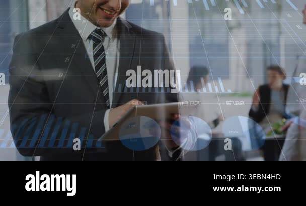 Business professional tapping tablet screen in office, manipulating HUD ...