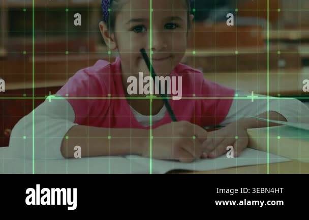 Girl student using pencil glancing down and writing paper in classroom ...