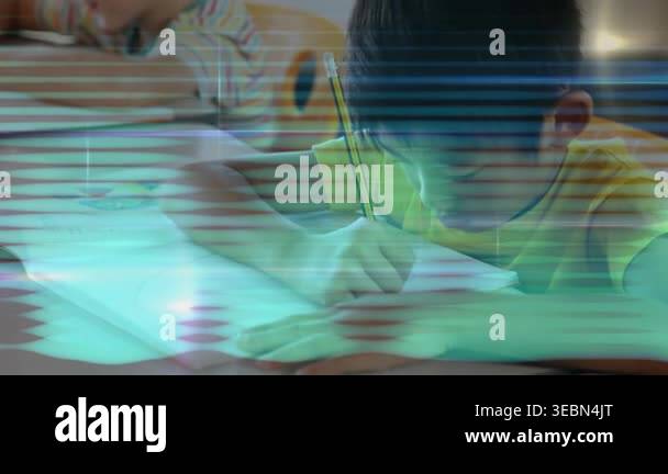 Student placing pencil on paper and writing while finishing class task ...