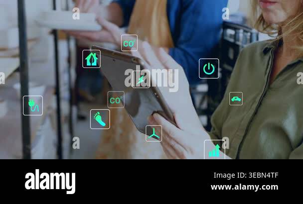 Mature woman tapping tablet, monitoring eco metrics, icons multiplying ...