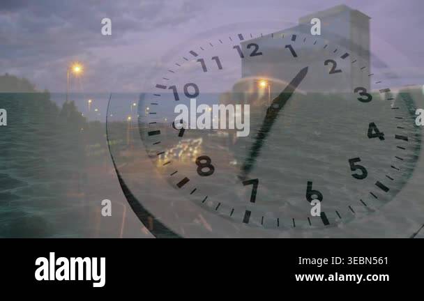 On start analog clock face rotating, hands showing time as light trails ...
