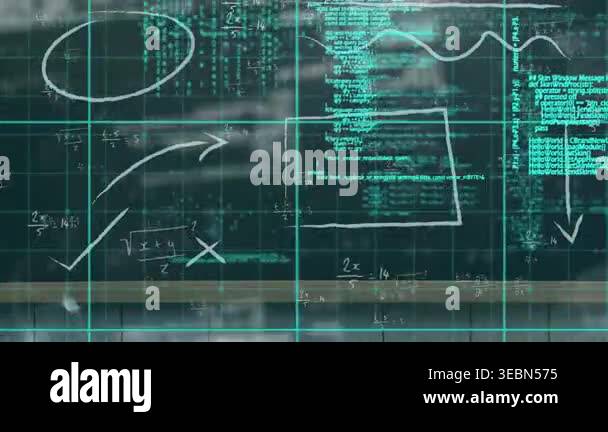 Animation of data processing over black board. Global business and ...