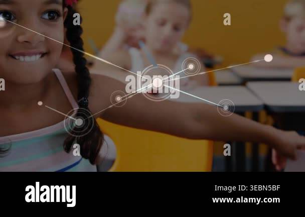 Student girl extending arm as HUD appearing at chest and radiating ...