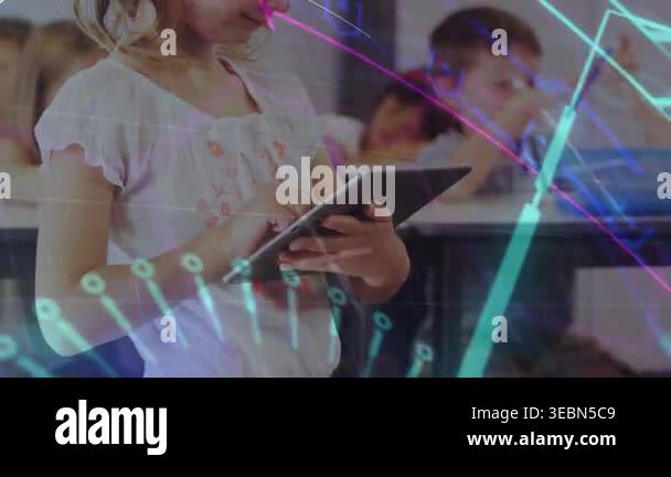 Schoolgirl holding tablet while tapping screen, neon circuitry overlay ...