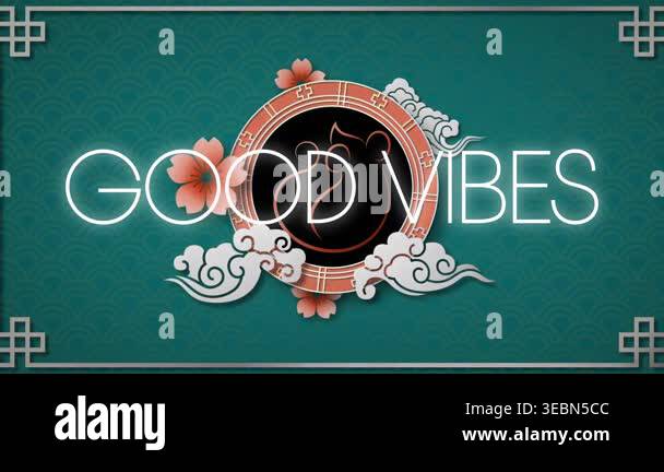Animation of good vibes text over chinese frame. Social media and ...