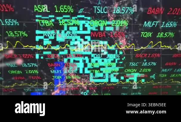 Animation of financial data processing and statistics over qr code ...
